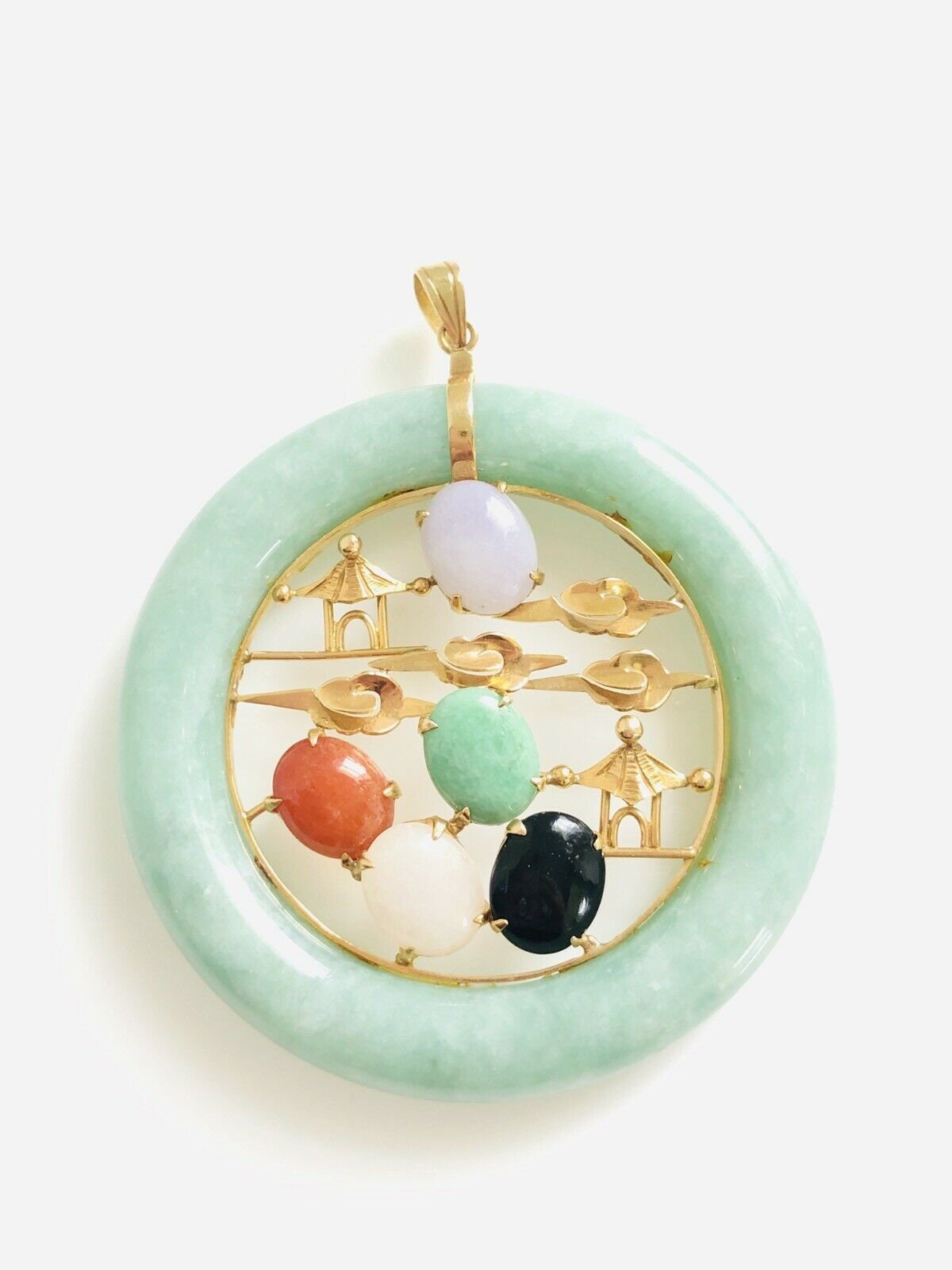 Large 14k Yellow Gold Multi Color Jade Pendant 53mm Diameter, 7.9mm ...