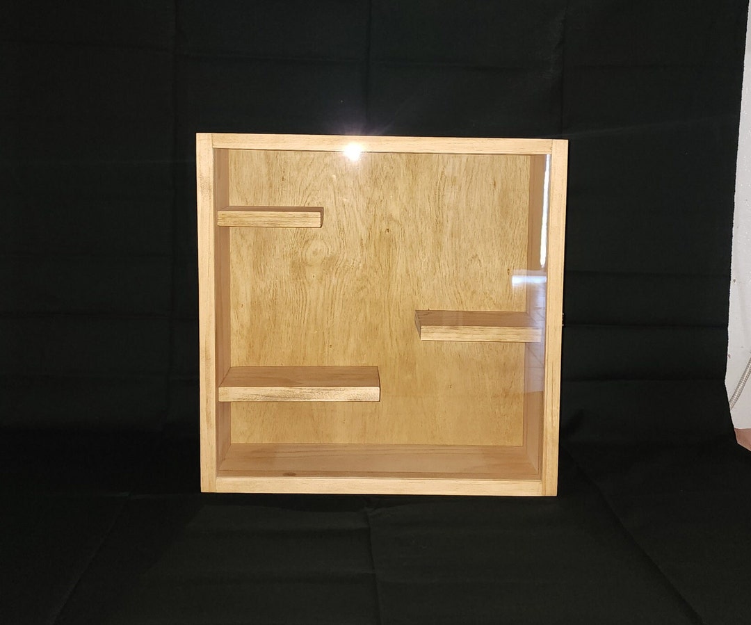 16 X 16 X 5 Wooden Shadow Box / Hinged Glass Lid / 3 Staggered Shelves ...