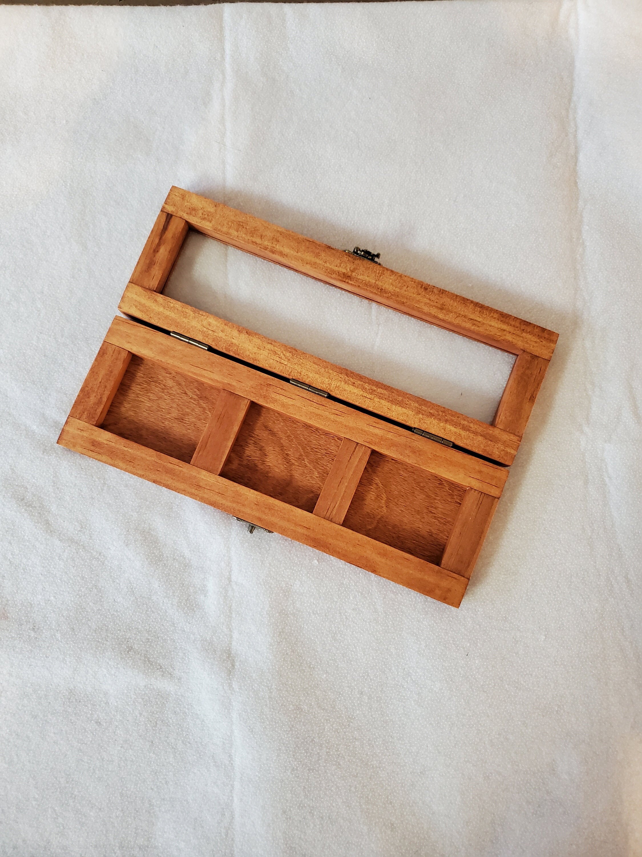 7 1/2 X 2 X 3/4 Wooden Shadow Box / Hinged Glass Lid / 3 Compartments ...