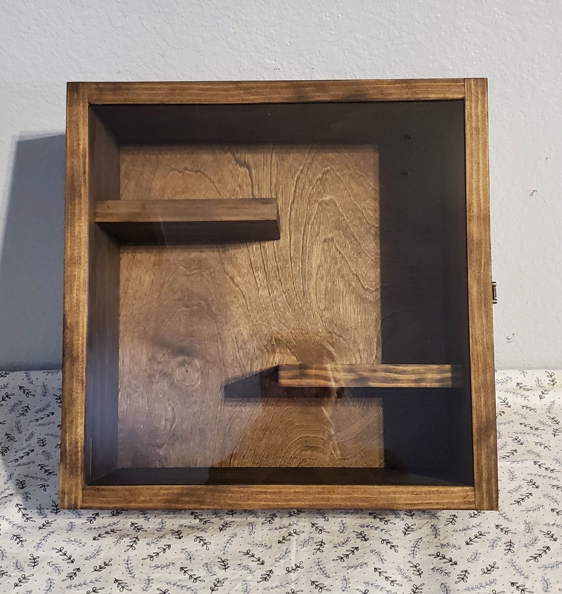 12 X 12 X 5 Wooden Shadow Box / Hinged Glass Lid / 2 Shelves / Display ...