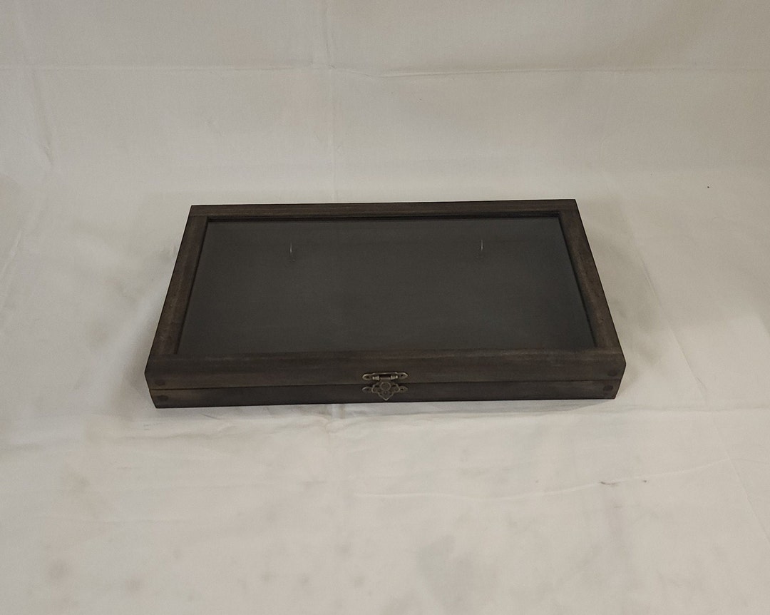 13 X 7 X 1 Wooden Shadow Box / Hinged Glass Lid / 2 Hooks / License ...