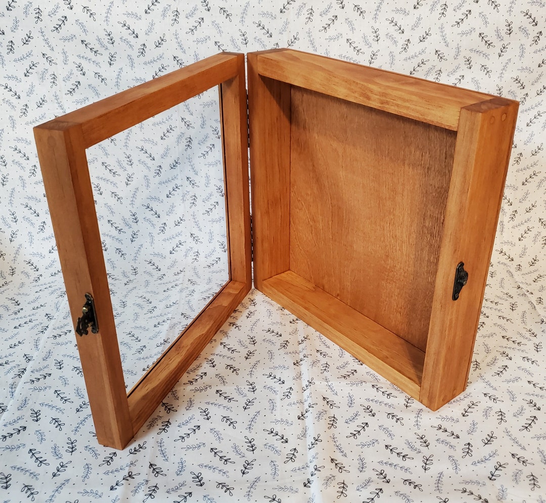 10 X 10 X 2 1/2 Wooden Shadow Box / Hinged Glass Lid / Display Case Box ...