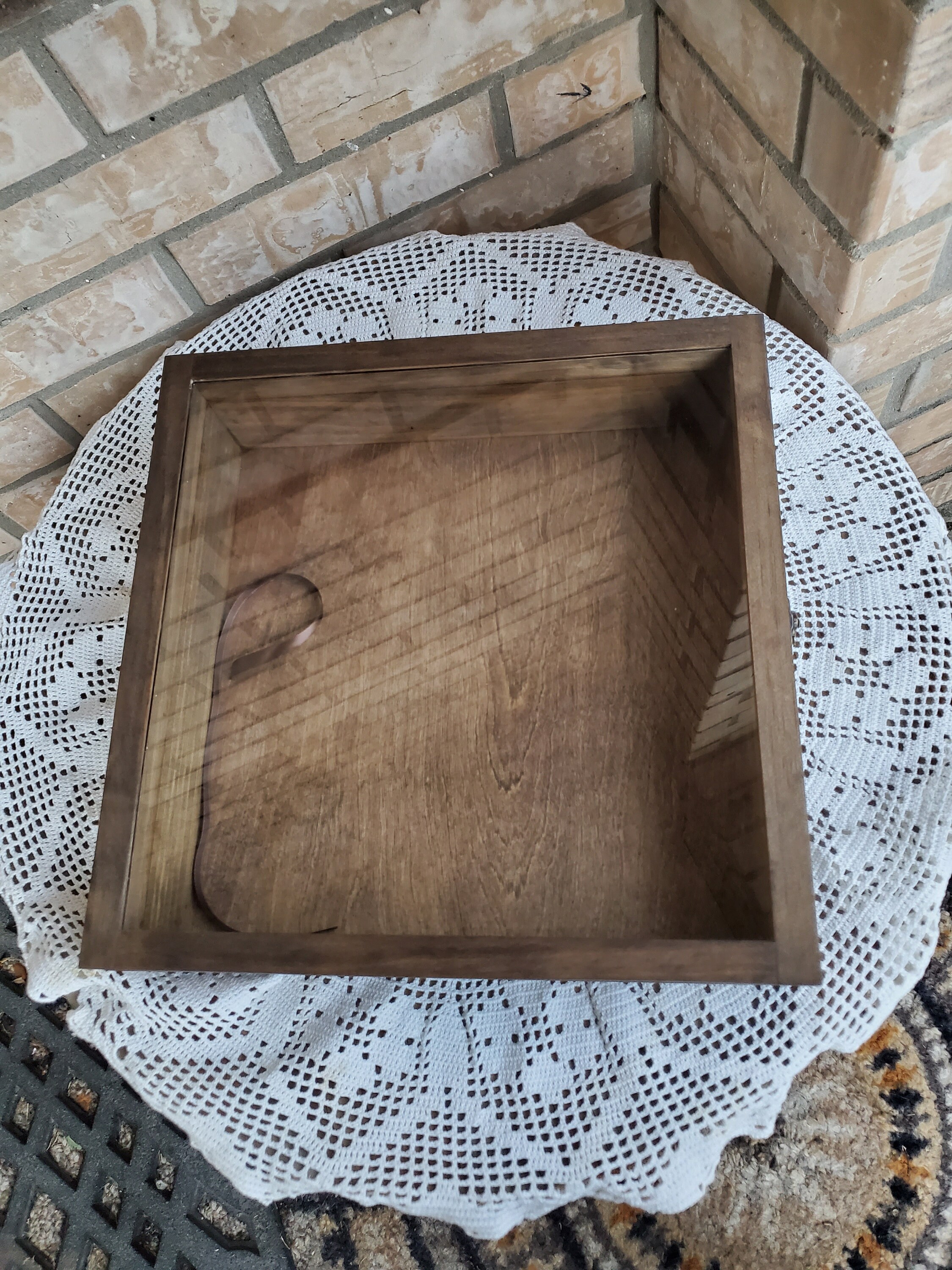 12 X 12 X 3 Wooden Shadow Box / Hinged Glass Lid / Ribbon Inside ...