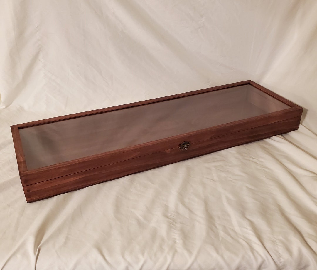 31 3/4 X 8 3/4 X 2 1/2 Wood Shadow Box / Hinged Glass Lid / Display ...