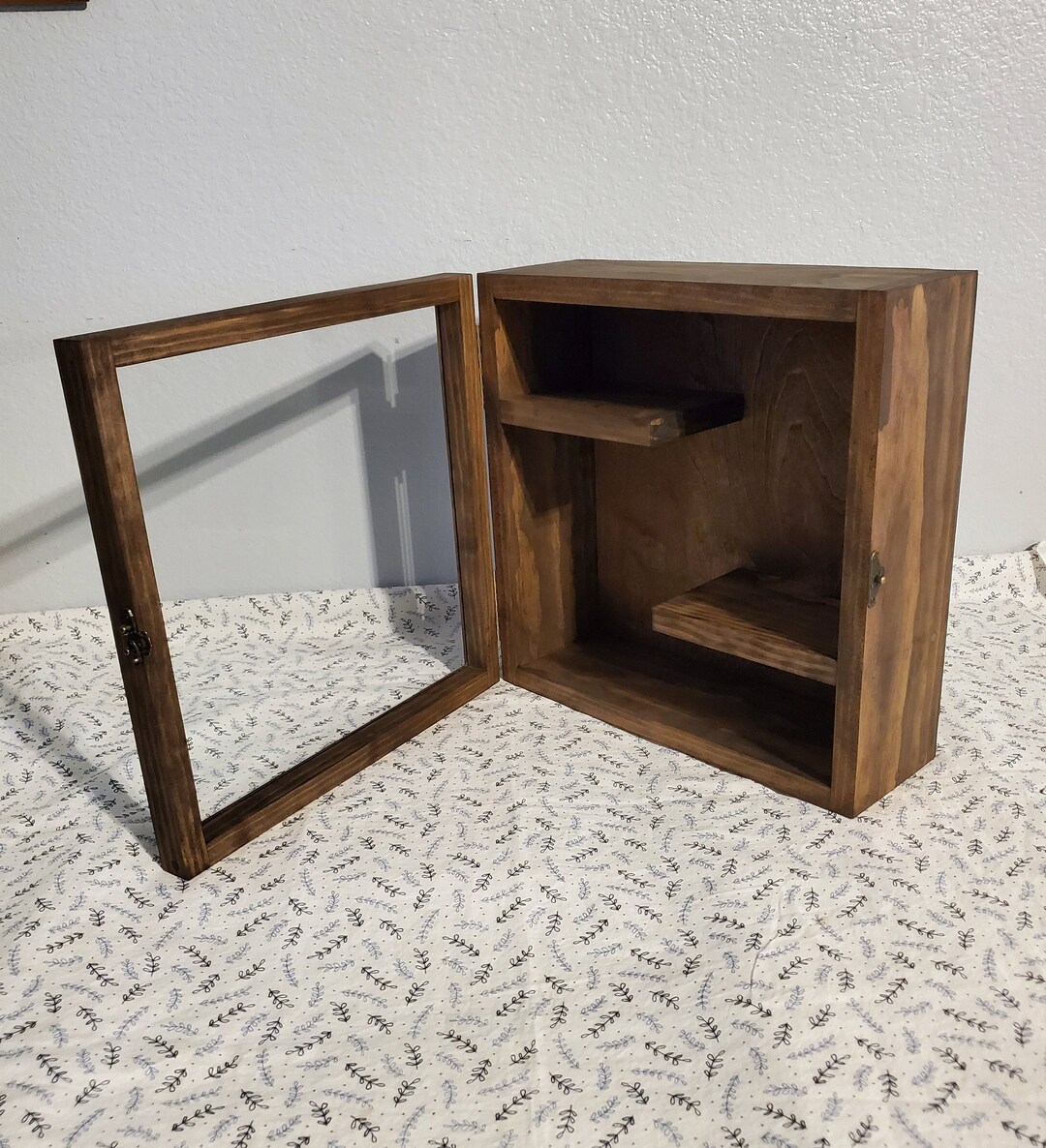12 X 12 X 5 Wooden Shadow Box / Hinged Glass Lid / 2 Shelves / Display ...