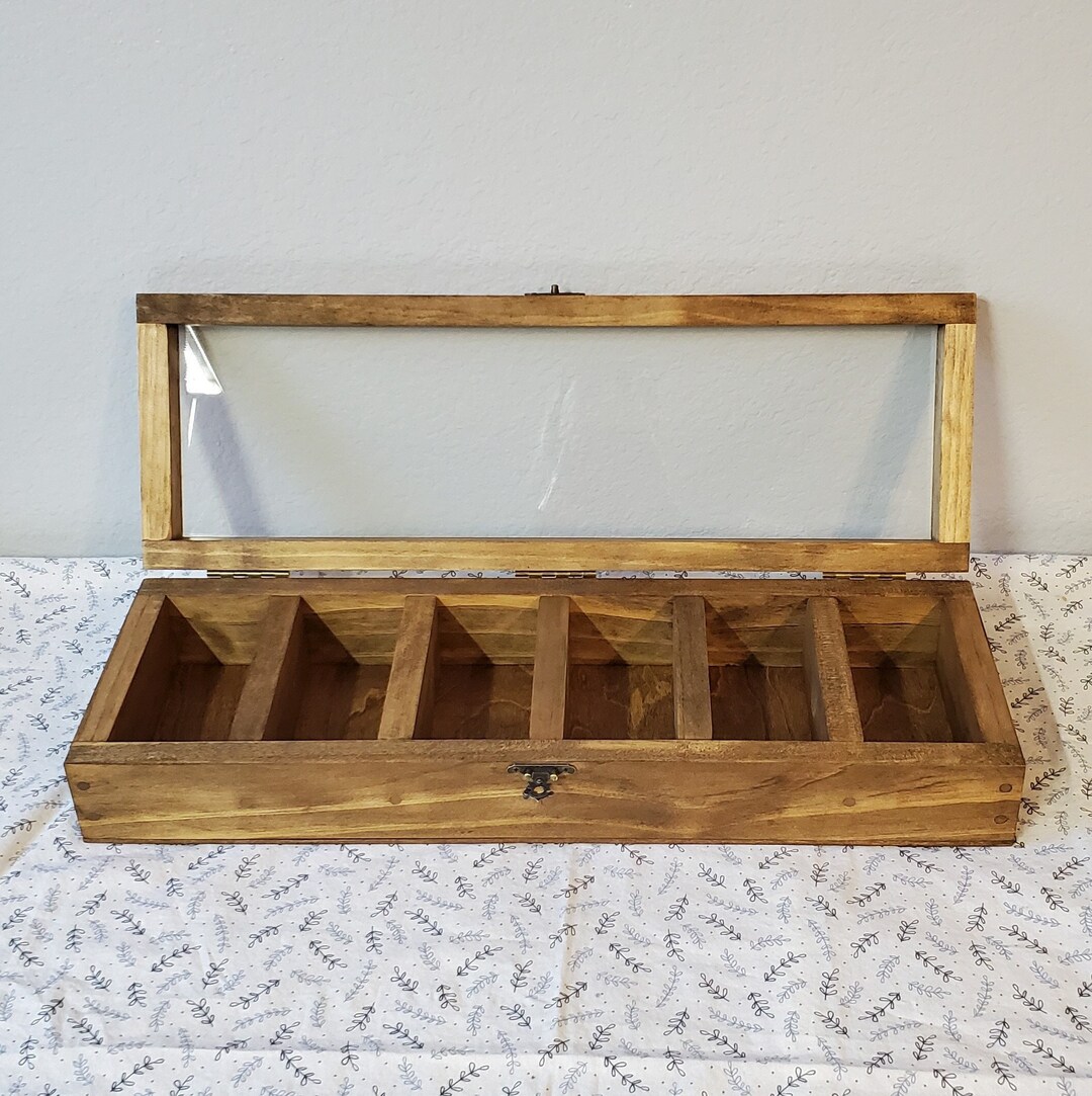 18 3/4 X 5 3/4 X 2 7/8 Wooden Shadow Box / Hinged Glass Lid / 6 ...