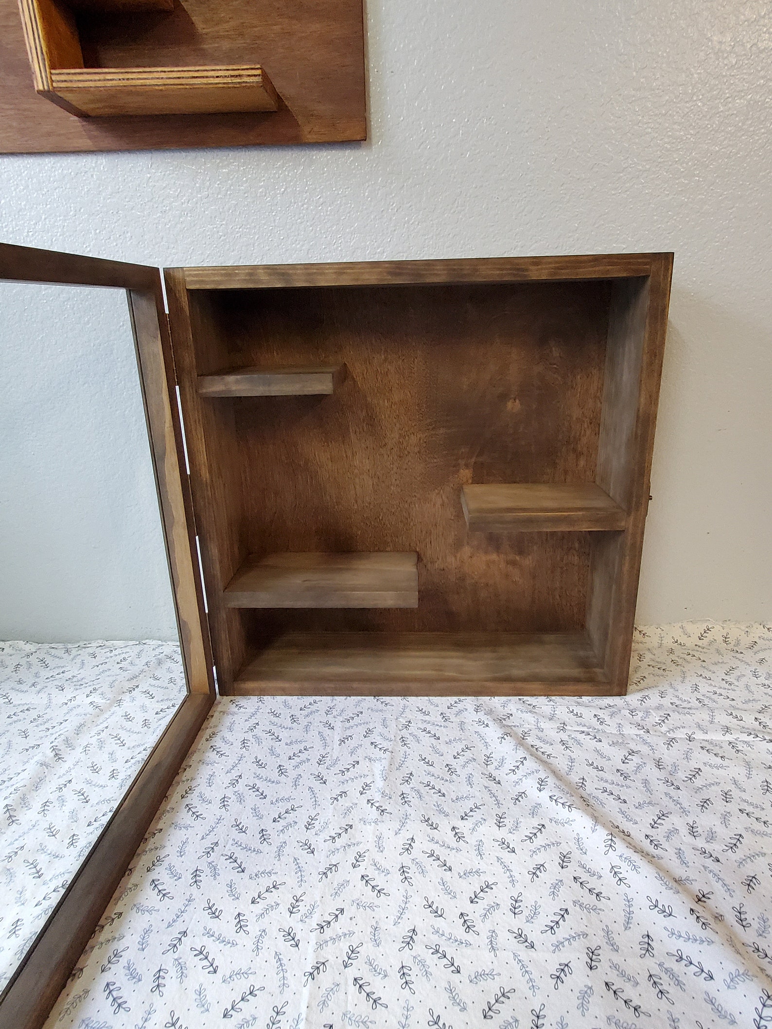 16 X 16 X 5 Wooden Shadow Box / Hinged Glass Lid / 3 Staggered Shelves ...