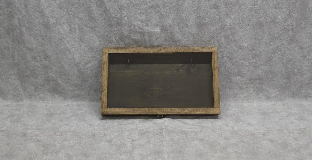 13 X 7 X 1 Wooden Shadow Box / Hinged Glass Lid / 2 Hooks / License ...
