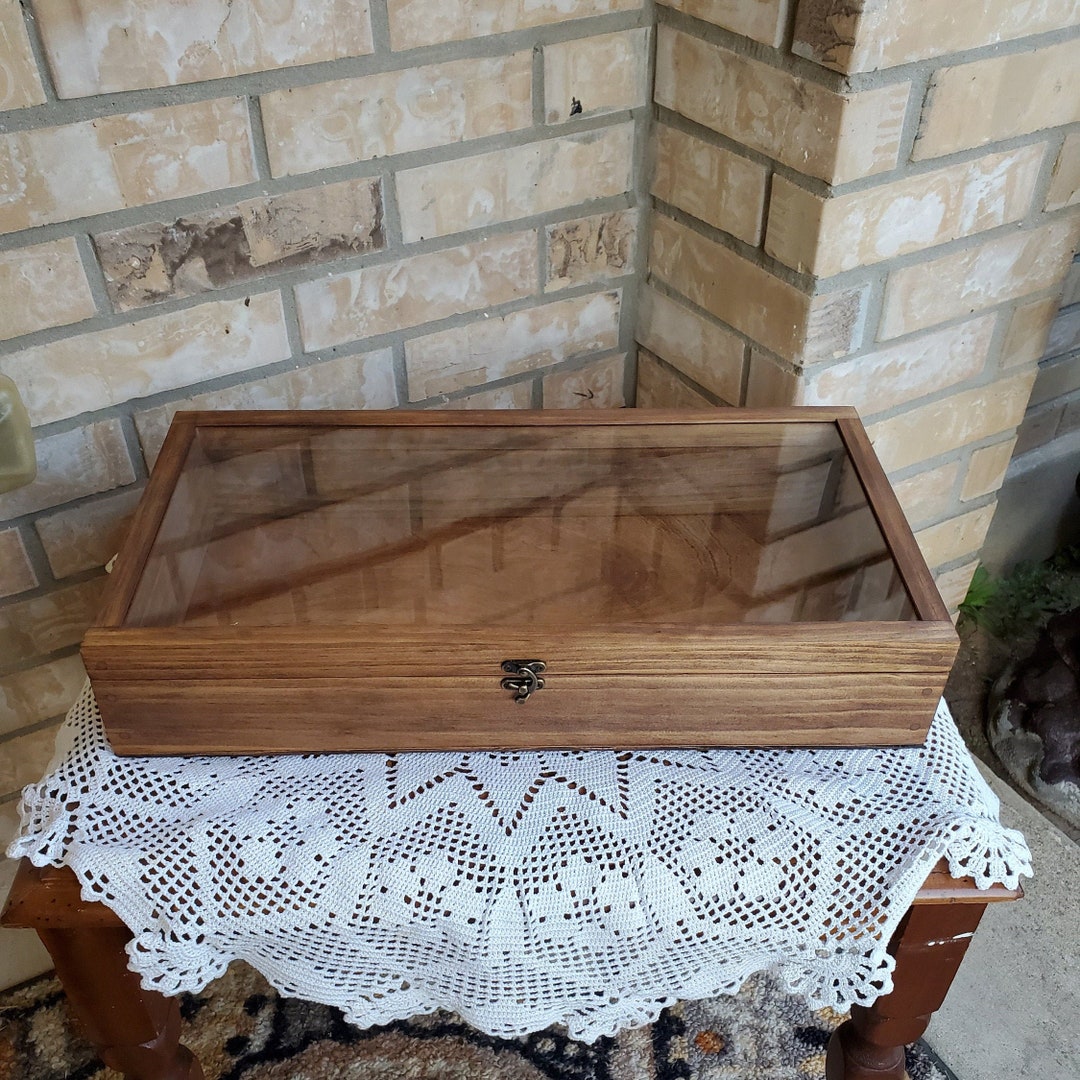 19 X 9 X 3 1/4 Wooden Shadow Box / Hinged Glass Lid / Display Case Box ...