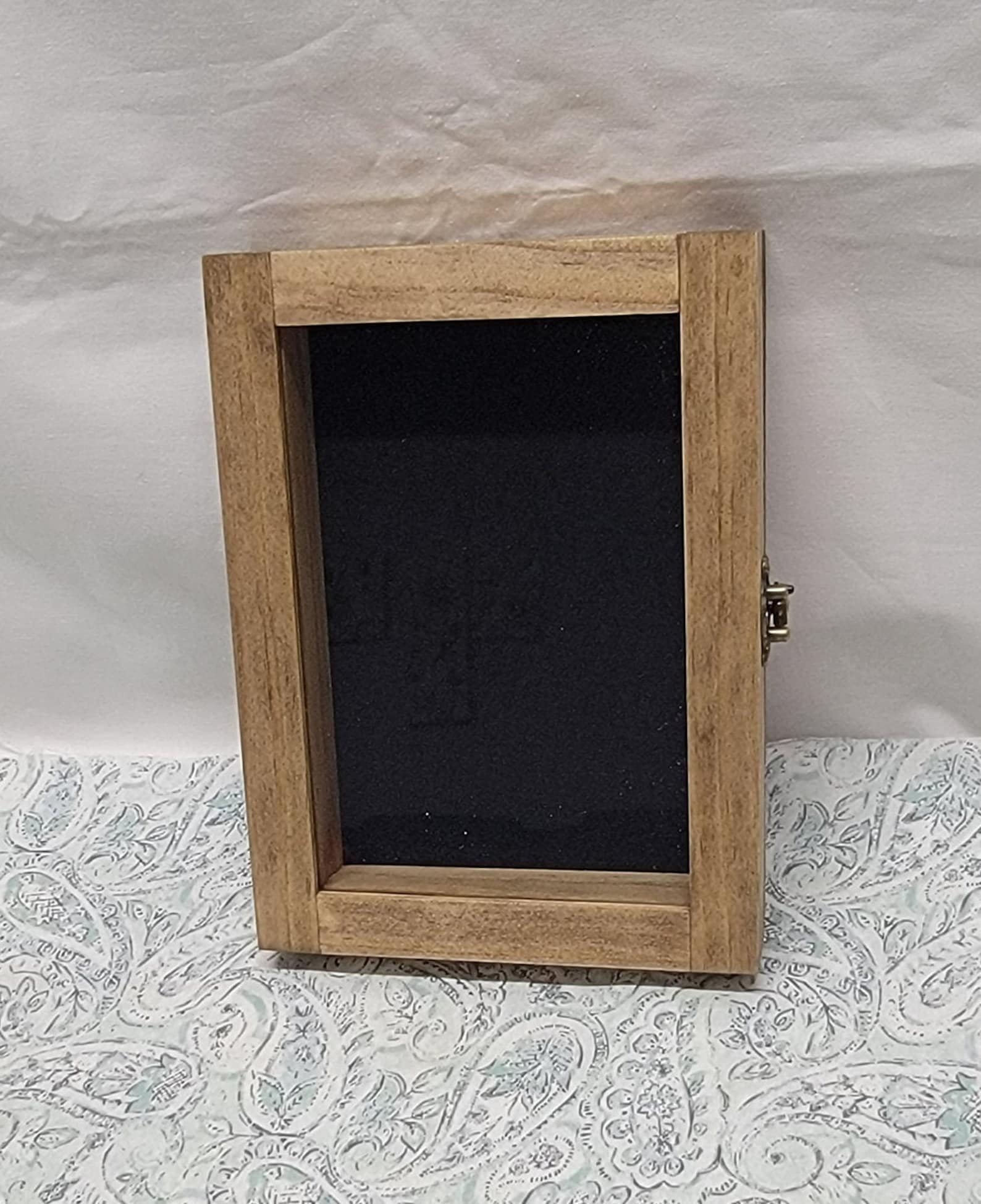6 X 4 X 3/4 Wooden Shadow Box / Hinged Glass Lid / Black Felt Inside ...