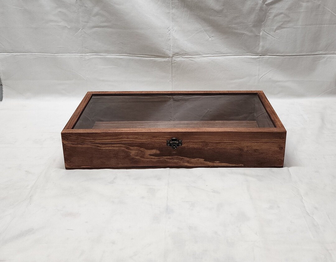 19 X 9 X 3 1/4 Wooden Shadow Box / Hinged Glass Lid / Display Case Box ...
