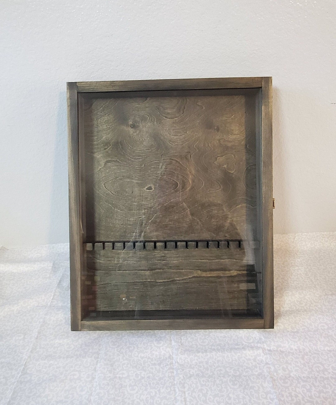 16 X 12 3/4 X 1 1/2 Wooden Shadow Box / Hinged Glass Lid / Knife Slots ...