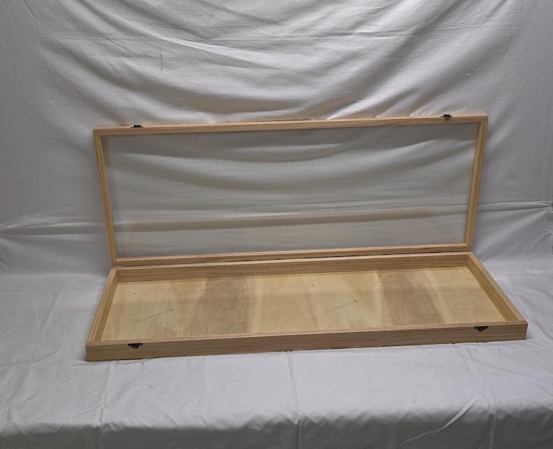 45 X 16 X 2 1/2 Wooden Shadow Box / Hinged Glass Lid / Display Case Box ...