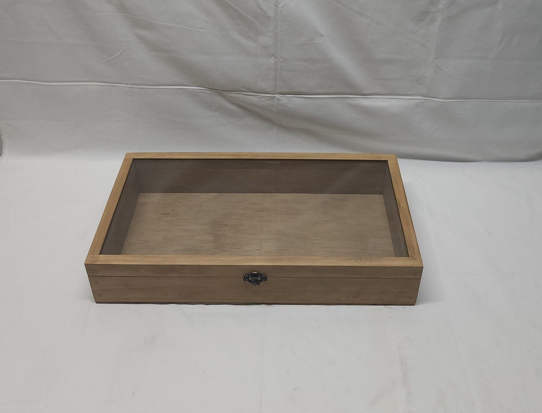 19 X 9 X 3 1/4 Wooden Shadow Box / Hinged Glass Lid / Display Case Box ...