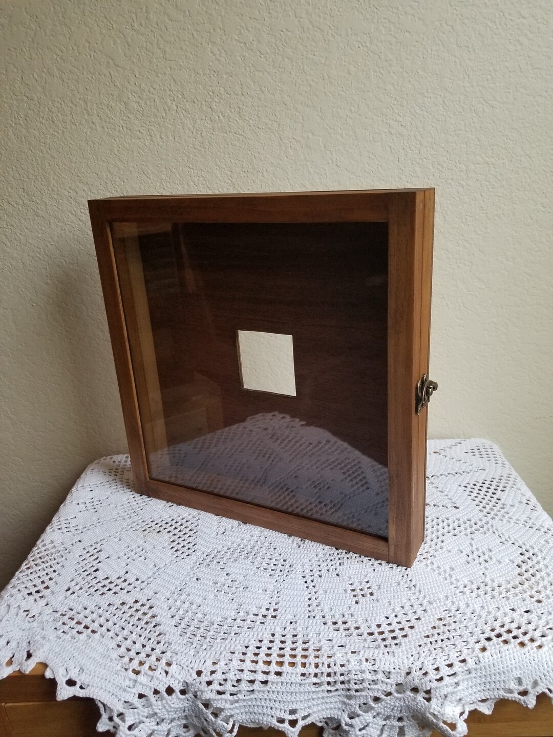 10 X 10 X 1 1/2 Wooden Shadow Box / Hinged Glass Lid / Hole in Back for ...