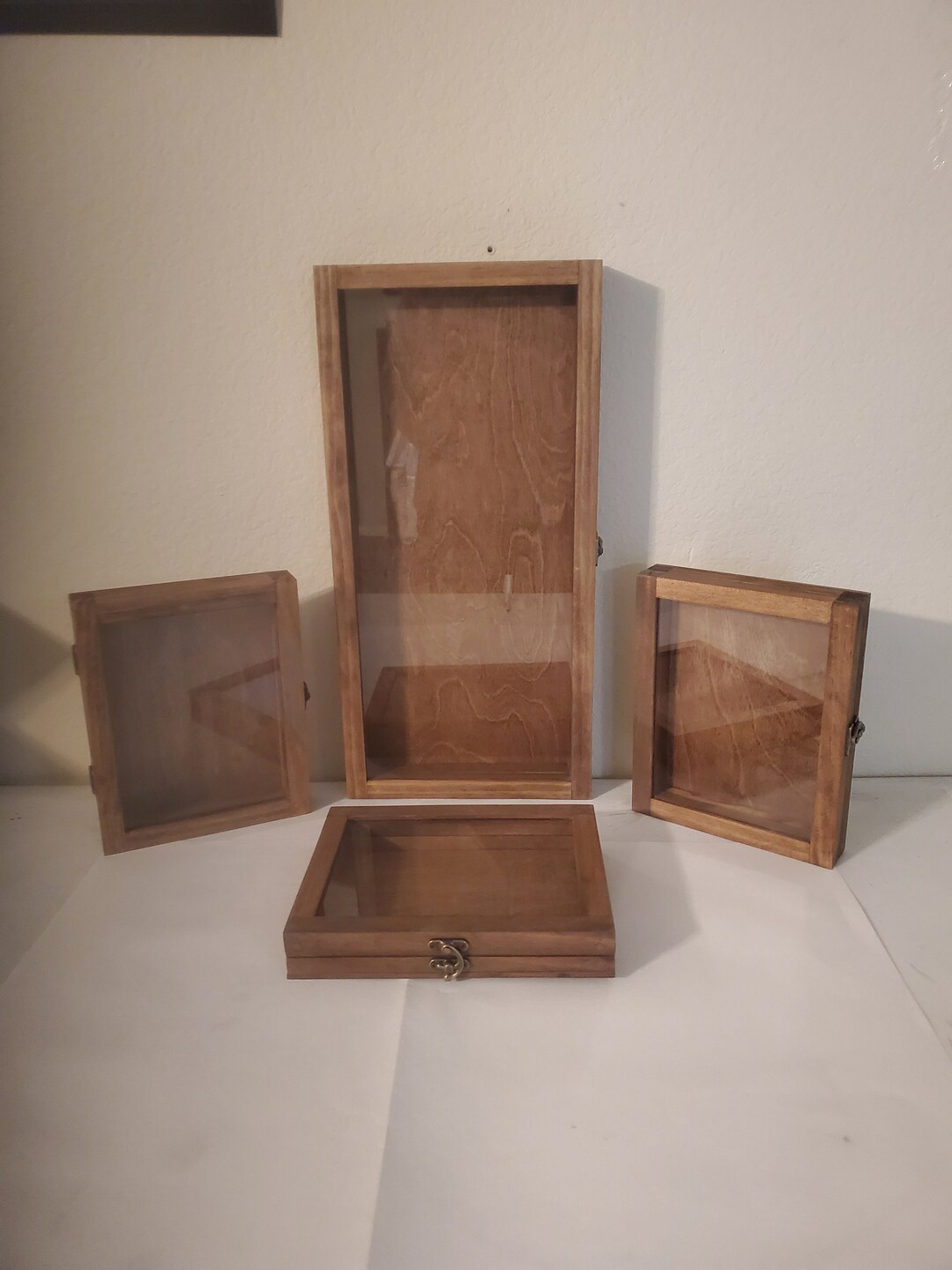4 Pc. Wooden Shadow Box Set / Display Cases With Hinged Glass Lids ...