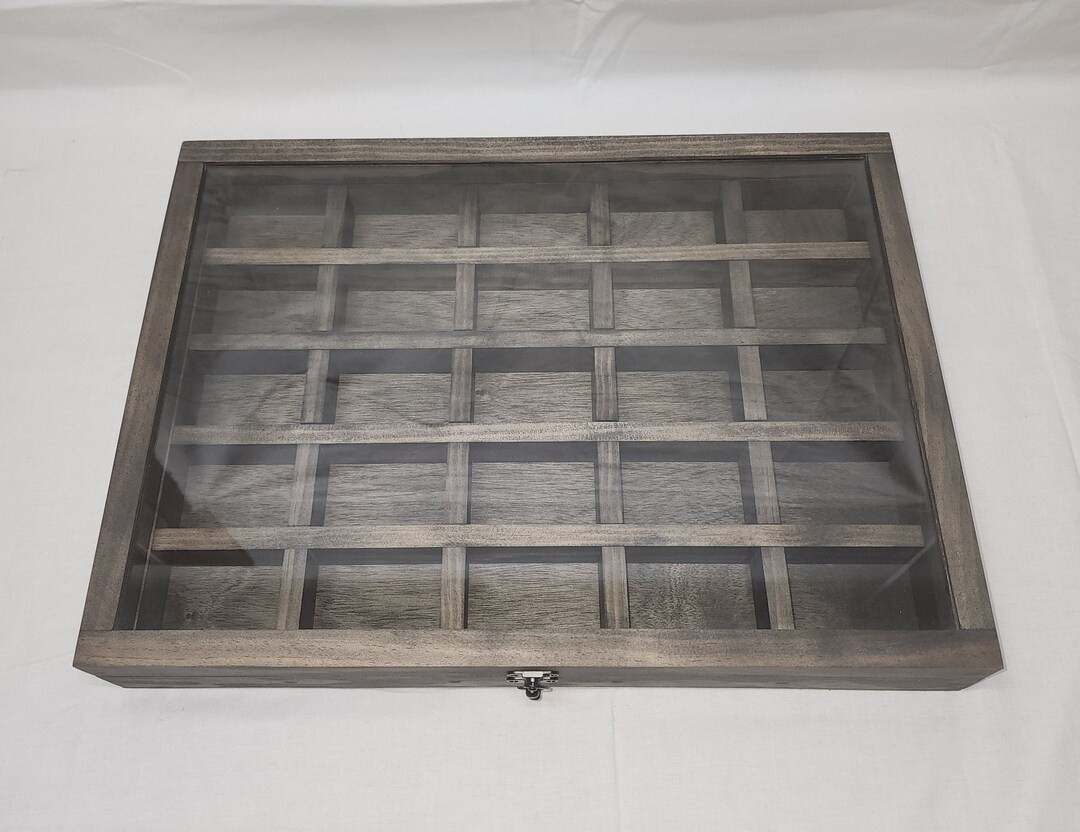 12 X 17 X 2 Wooden Shadow Box / Hinged Glass Lid / 25 Compartments ...