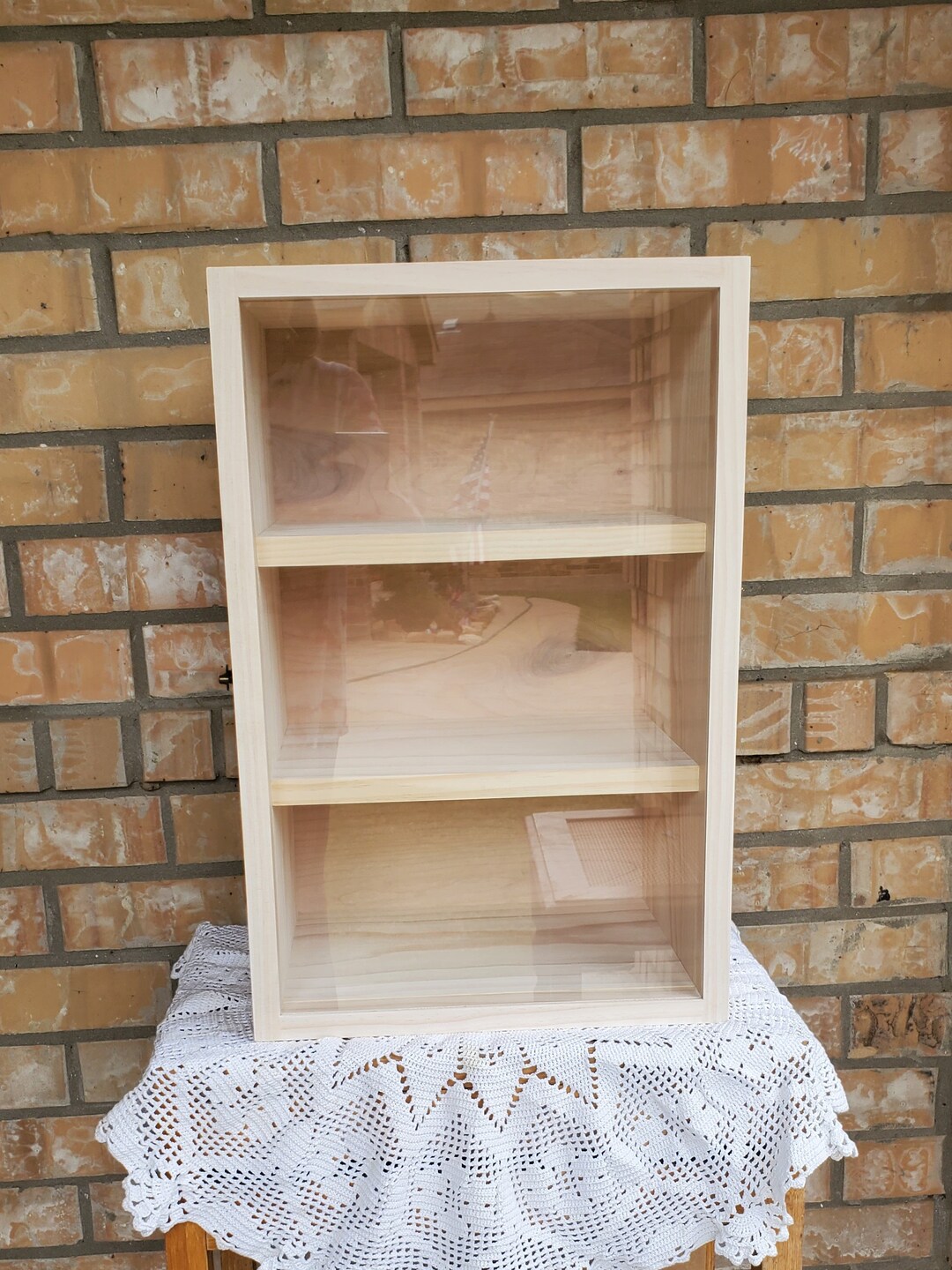19 X 12 X 9 Wooden Shadow Box / Hinged Glass Lid / 2 Shelves 3 ...