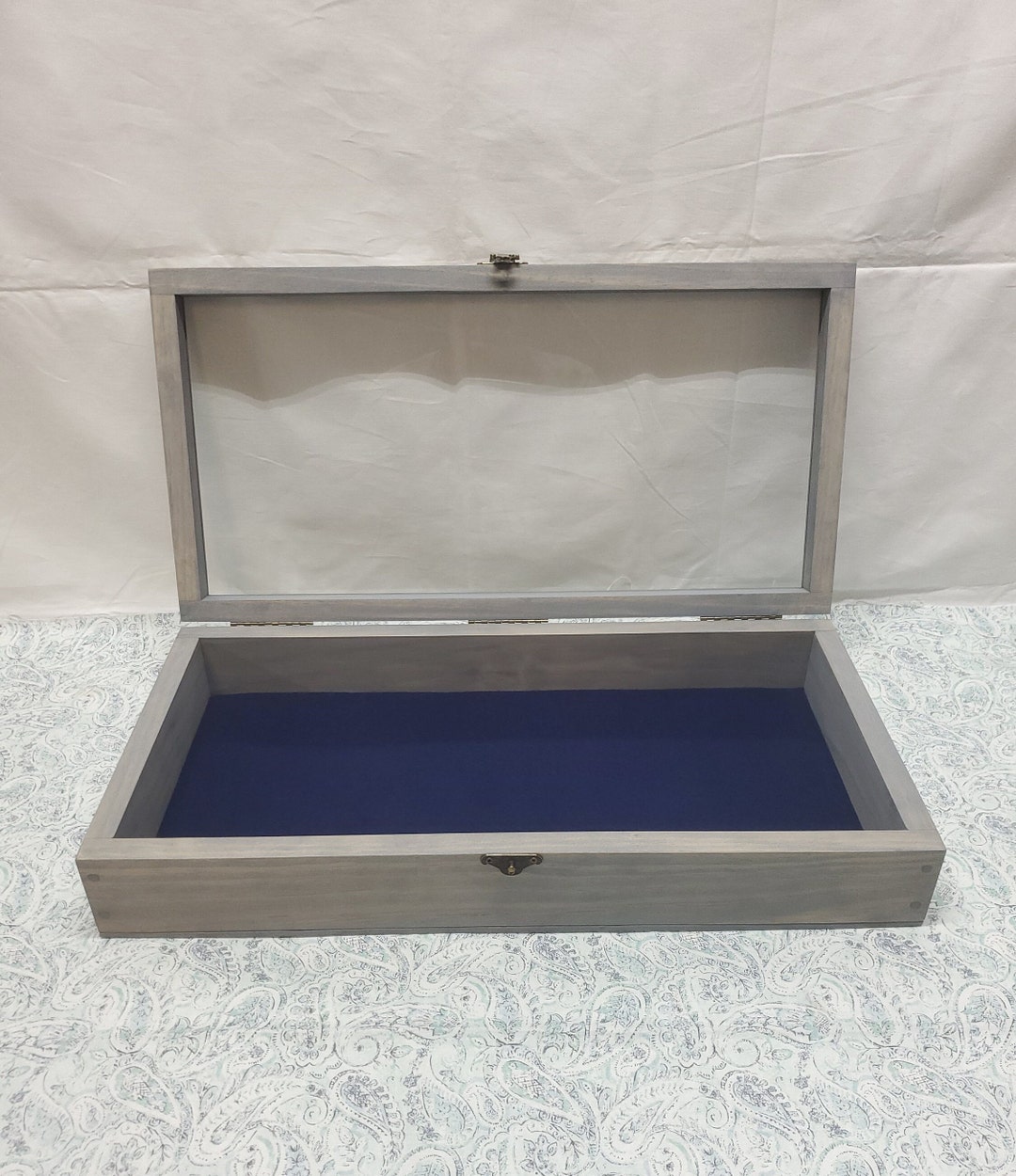 19 X 9 X 3 1/4 Wooden Shadow Box / Hinged Glass Lid / Navy Blue Felt ...