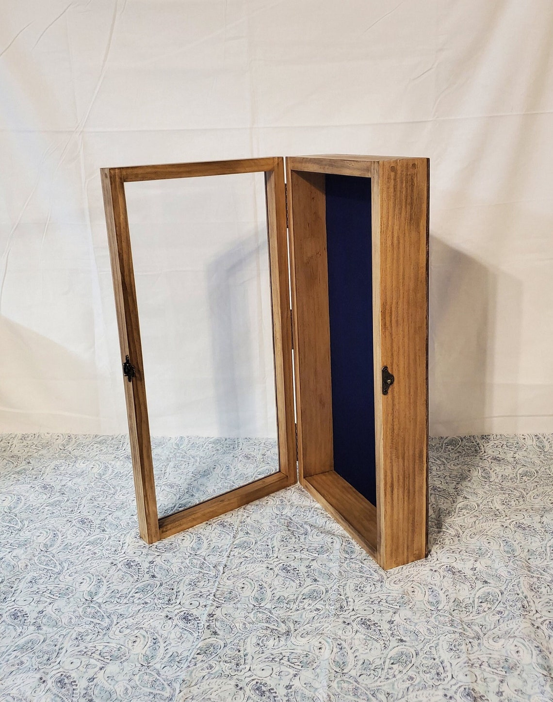19 X 9 X 3 1/4 Wooden Shadow Box / Hinged Glass Lid / Navy Blue Felt ...
