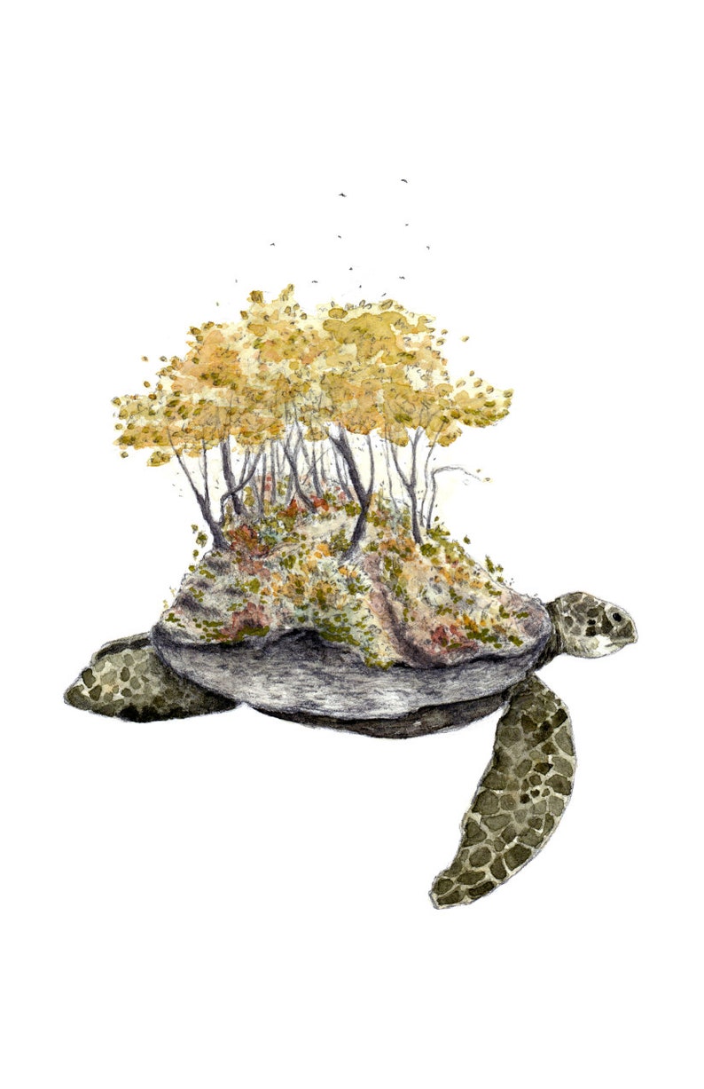 Sea Turtle Island Whimsical Sea Creatures Art 8.5x5.5 - Etsy
