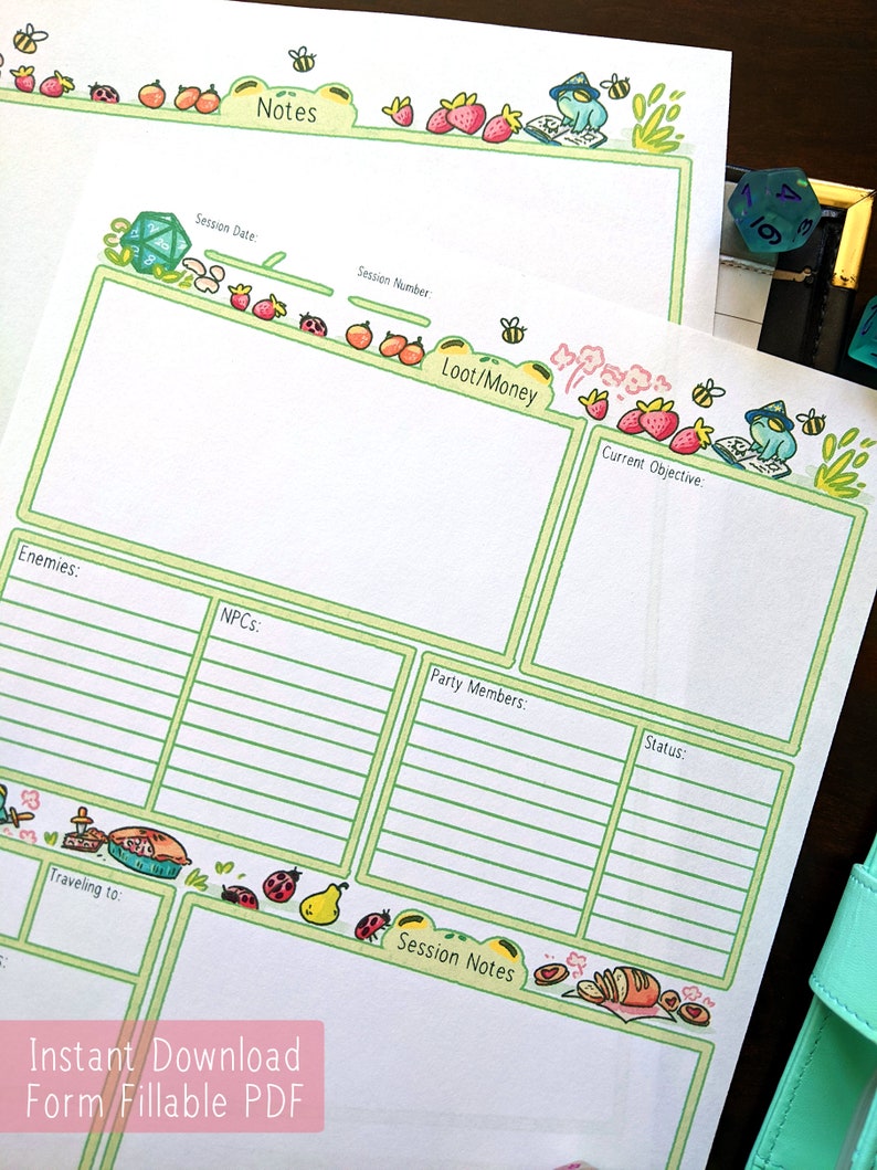 TTRPG Player Notes Tracker - Cottagecore Froggy Themed - Pathfinder ...