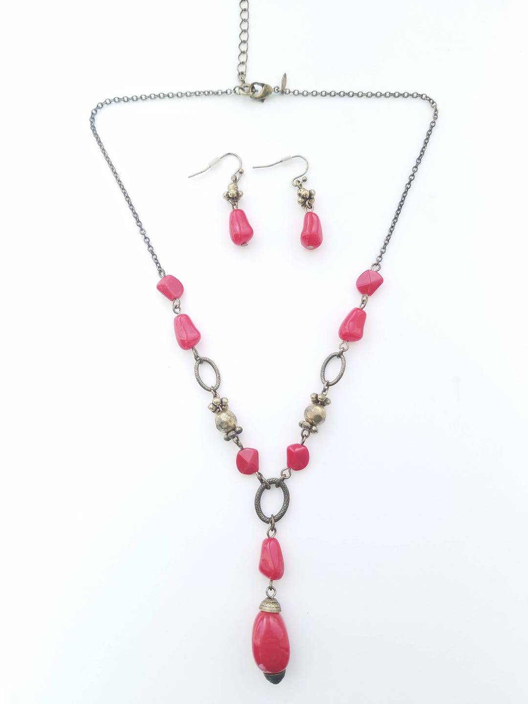Red Beaded Stone Avon/nrt Necklace / Earring Jewelry Set - Lariat / Y ...