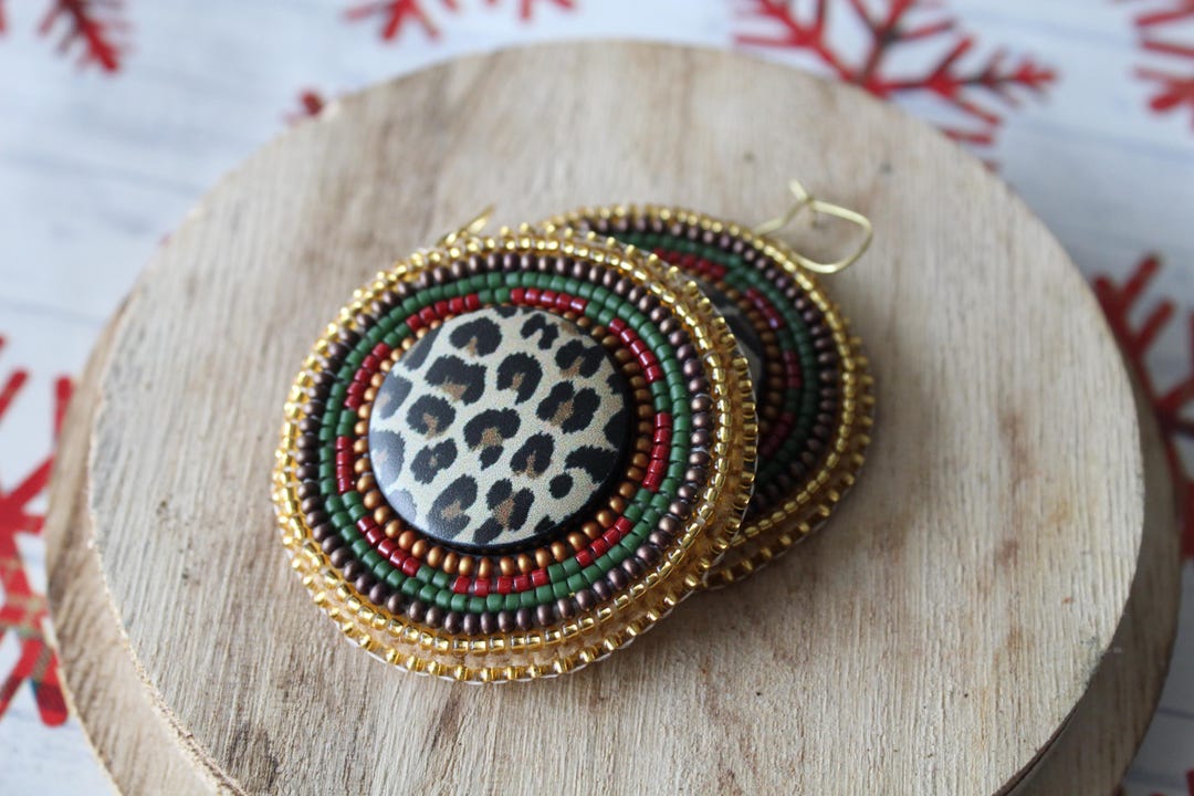 Large Round Beaded Leopard Print Christmas Earrings - Etsy