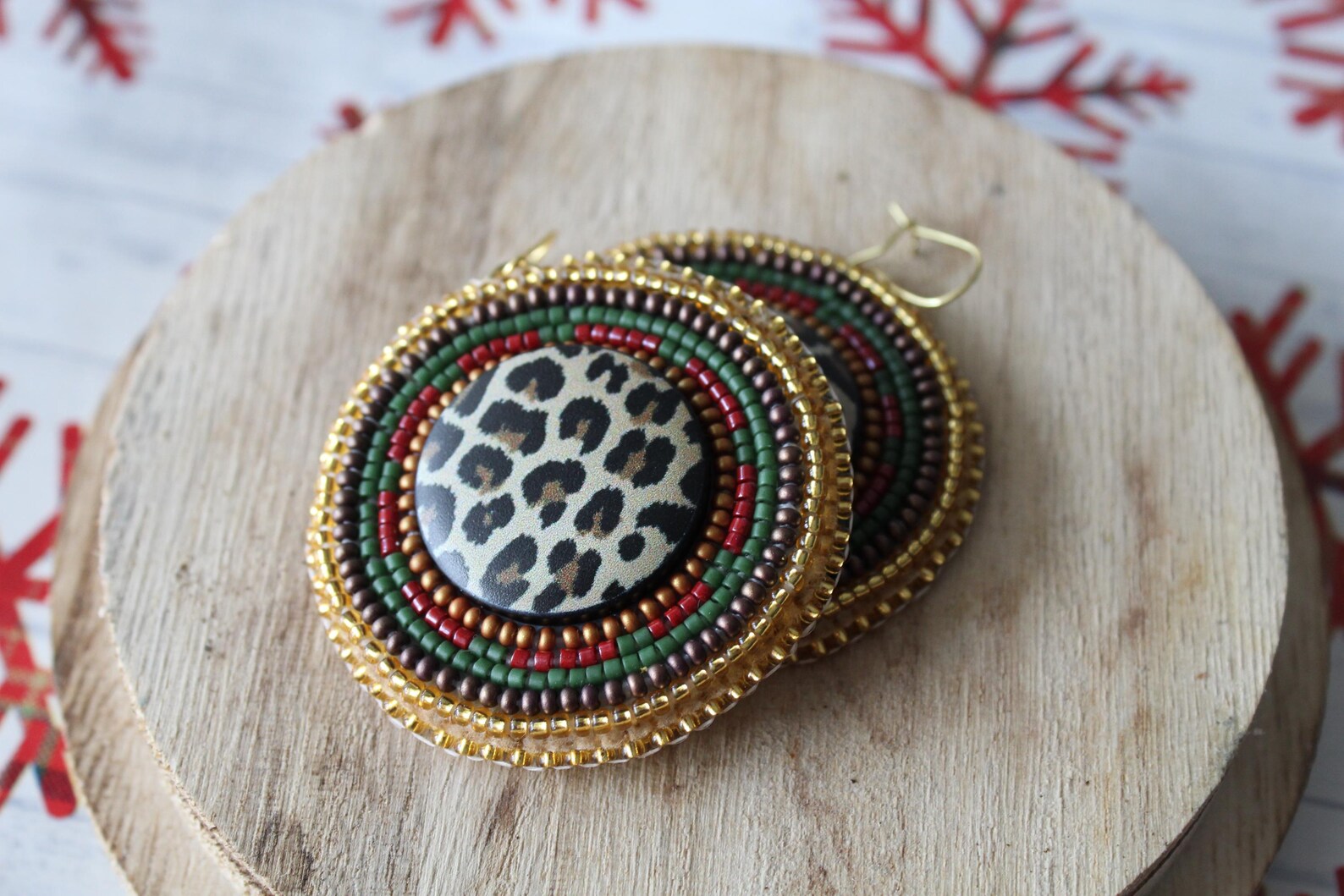 Large Round Beaded Leopard Print Christmas Earrings - Etsy