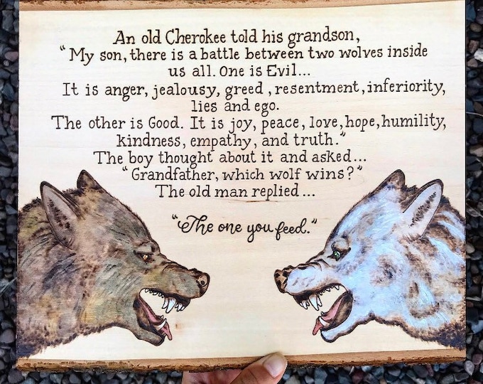 Tale of Two Wolves Wood Plank, Wood Burned Cherokee Tale of Two Wolves ...