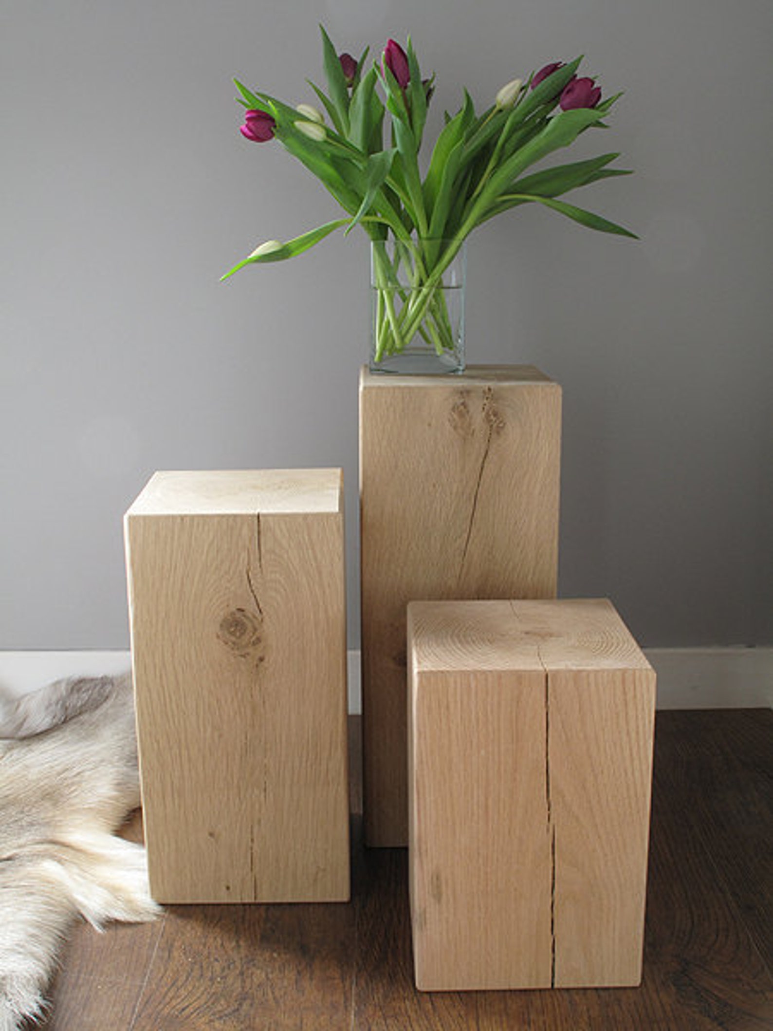 Heavy solid oak block beam lamp or side end tables. Set of 3 | Etsy