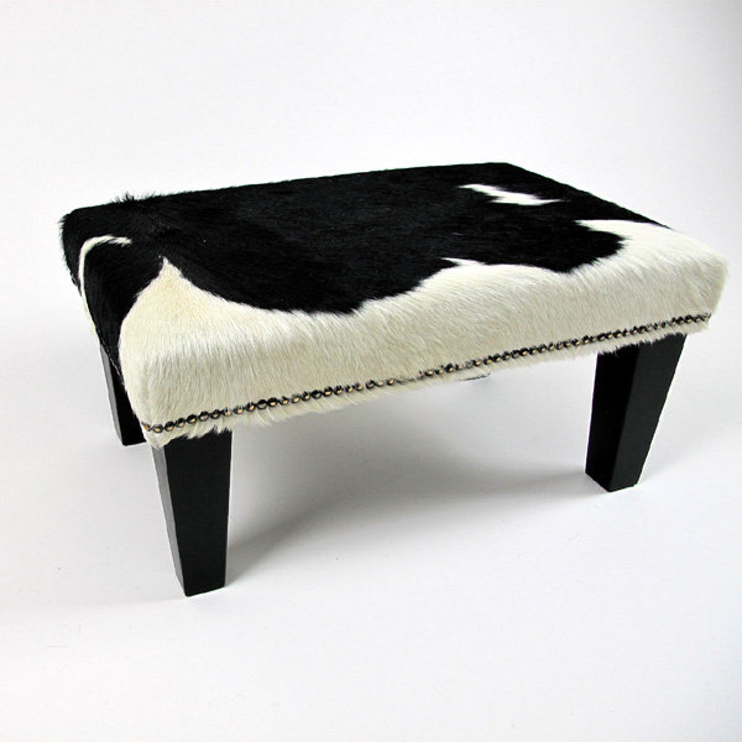Small Black and White Rectangular Cowhide Footstool 315. Real Hair on ...