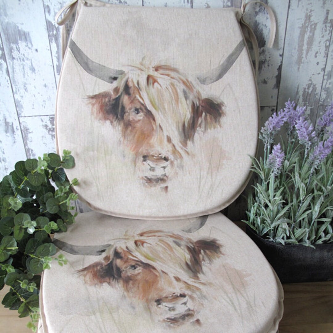 Set of 4, 6 or 8 Highland Cow Reversible Classic D Seat Pads, Large Cow ...