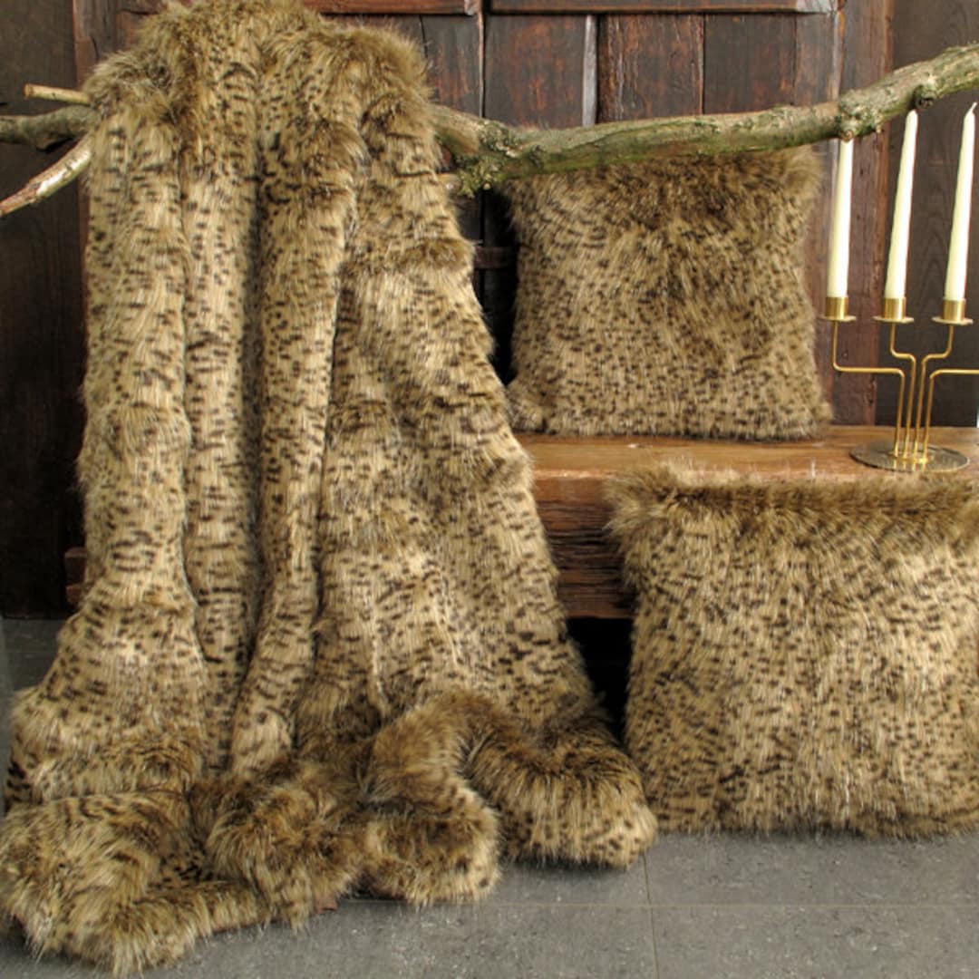 Bobcat Luxury Faux Fur Blanket Throw for Bed or Sofa With Brown Faux ...