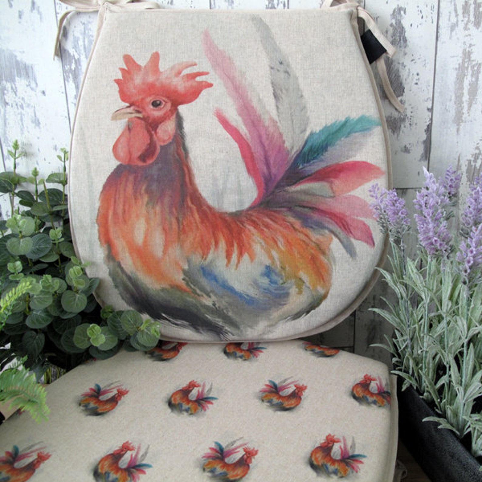 Set of 4, 6 or 8 Rooster Reversible Classic D Seat Pads, Large Printed ...