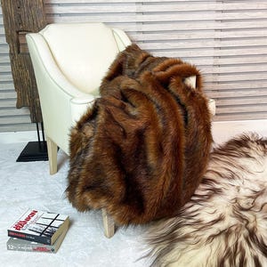 Raynard Faux Fur Throw, Fake Fur Blanket for Bed or Sofa With Brown ...