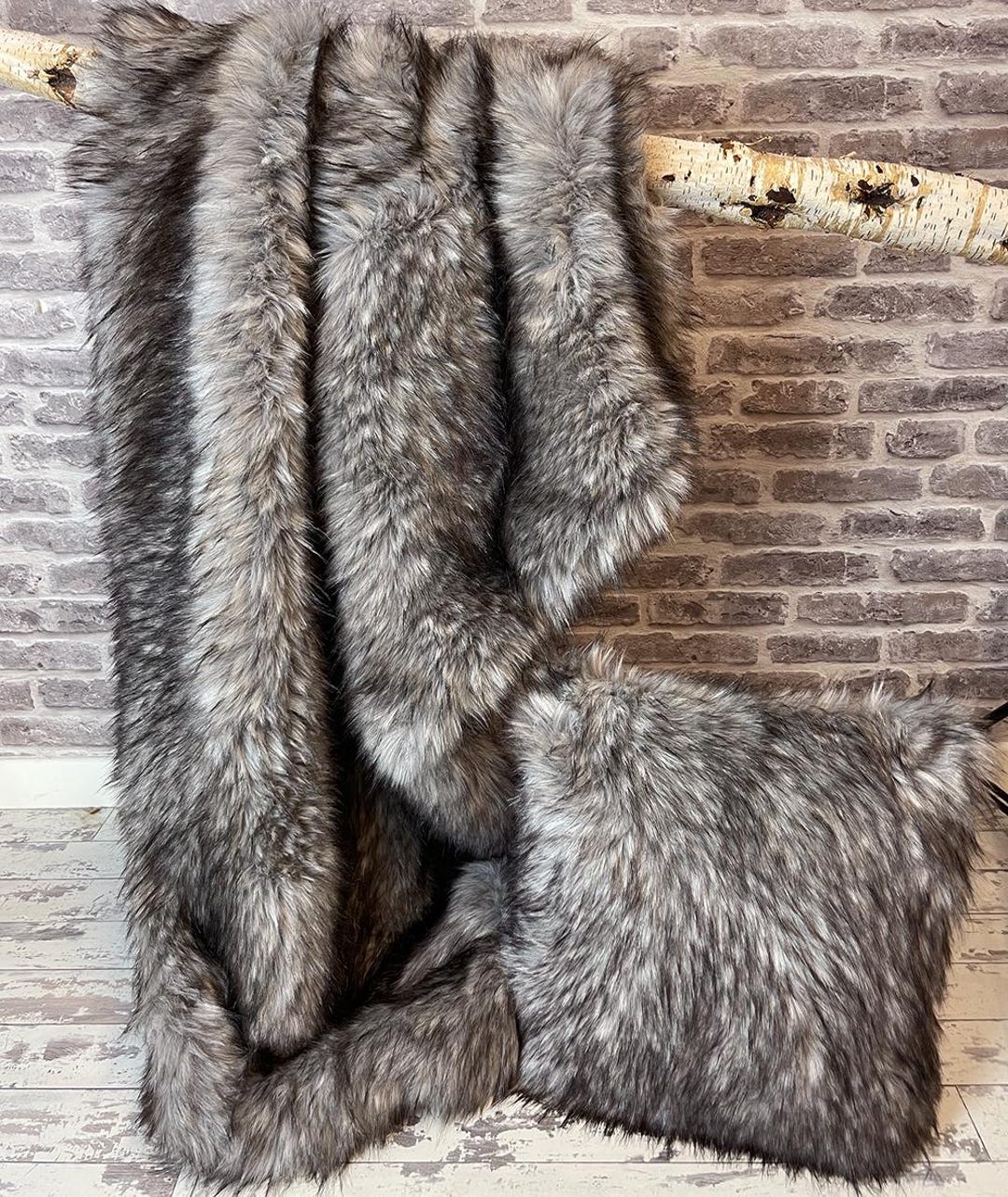 European Wolf Faux Fur Blanket Throw for Bed or Sofa With Brown Faux ...