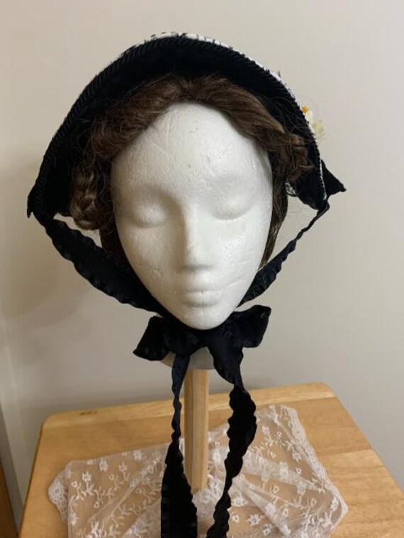 Victorian White and Black Floral Fanchon Bonnet | Etsy