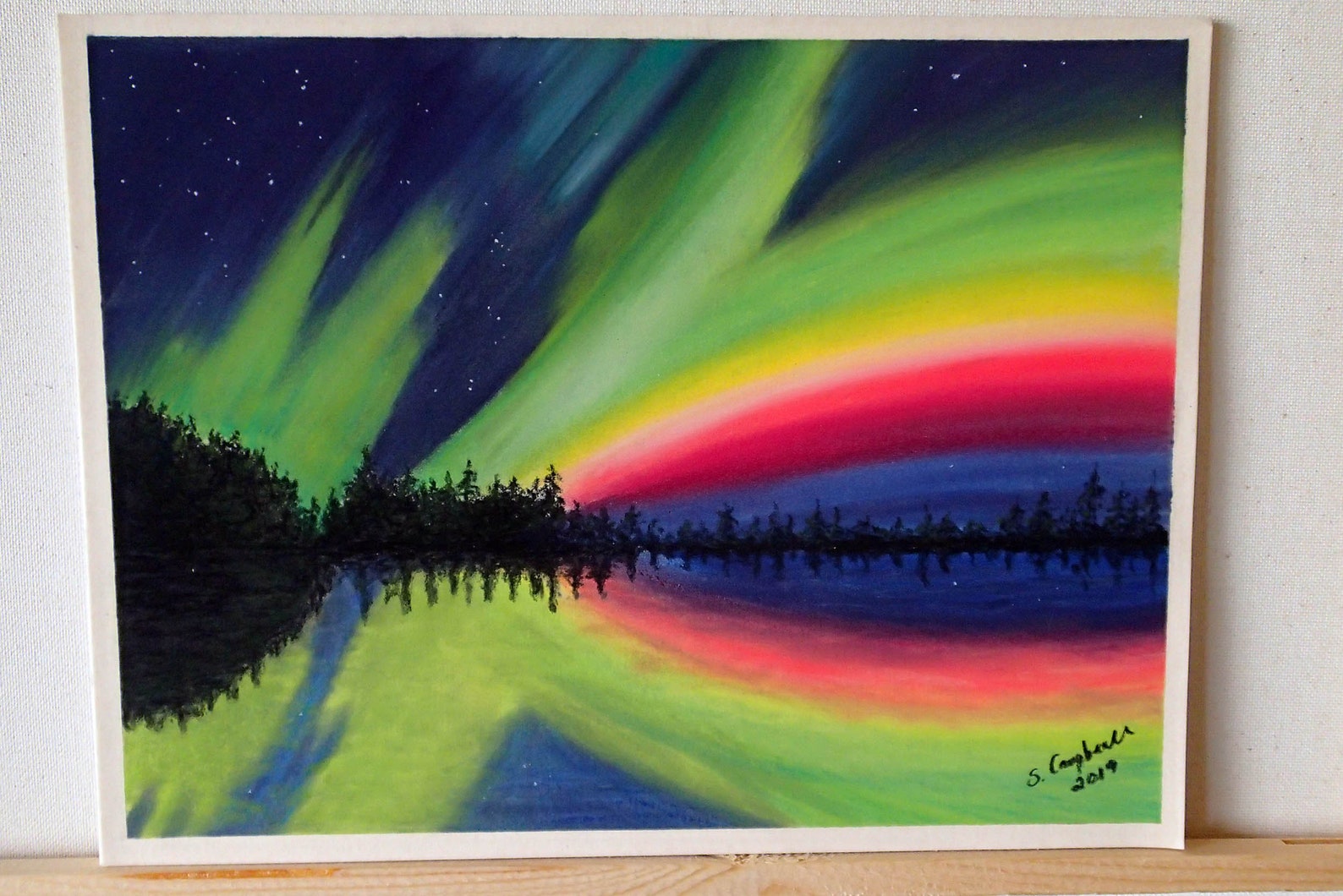 Pastel Landscape Painting, Aurora Borealis Over Lake, Night Scene ...