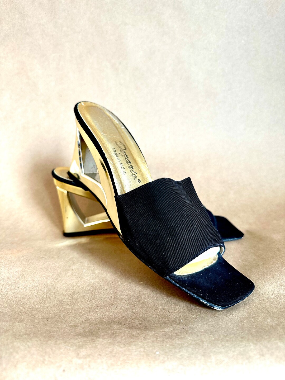 70s/80s Vintage Black/gold Dezario Slides - Etsy