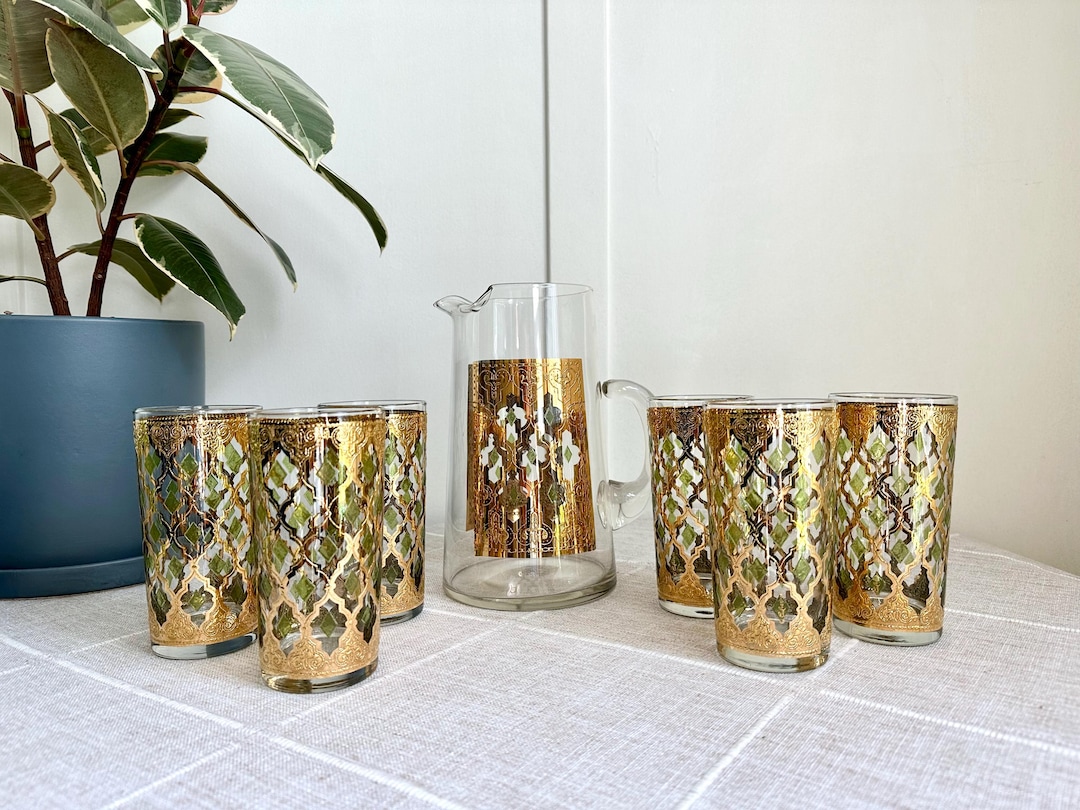 1960s Vintage Valencia Culver Gold and Green Cocktail Set With Tumblers ...