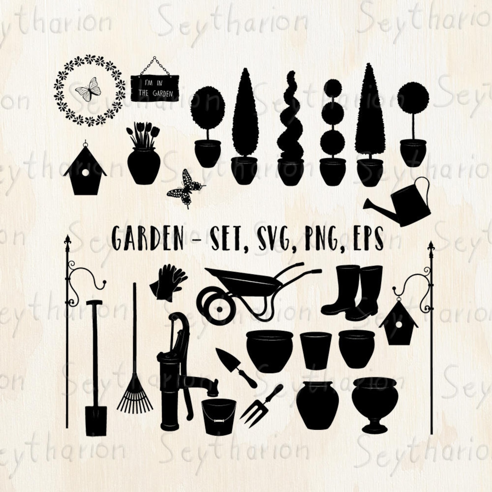 Garden Set Svg Eps Png Gardening Tools Greenery Flowerpot Topiary ...