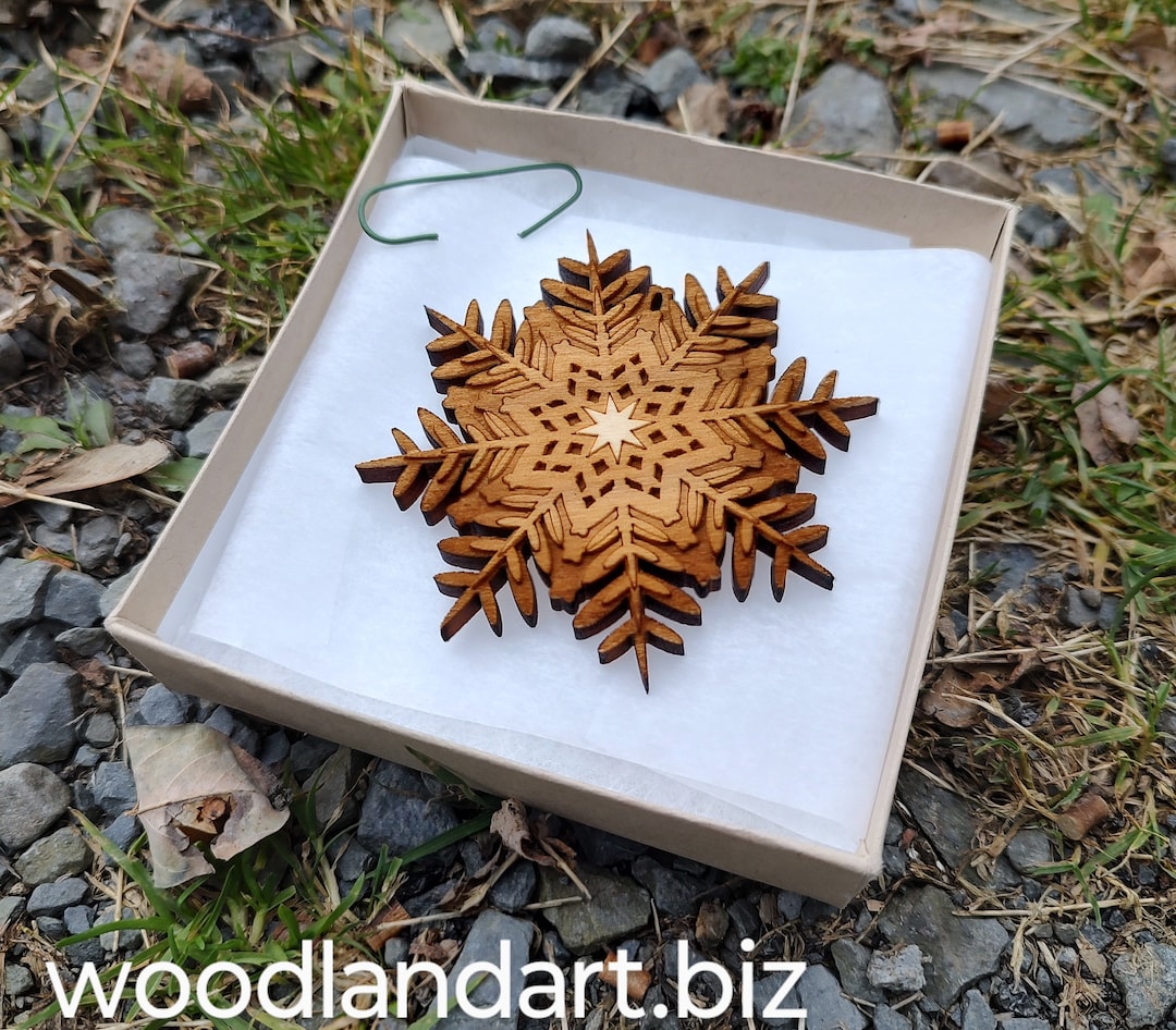 Set of 6 Pointed Snowflake Layered Laser Engraved Solid Wood Ornaments ...