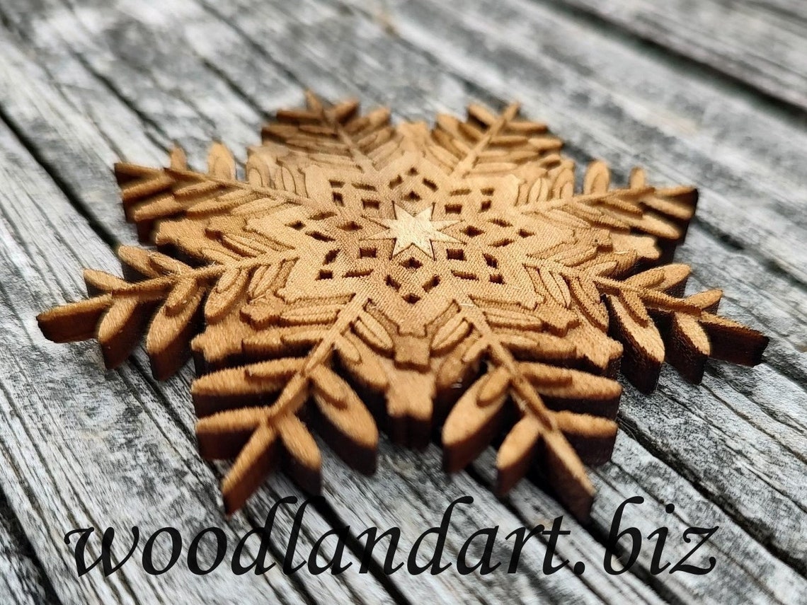 Set of 6 Pointed Snowflake Layered Laser Engraved Solid Wood Ornaments ...