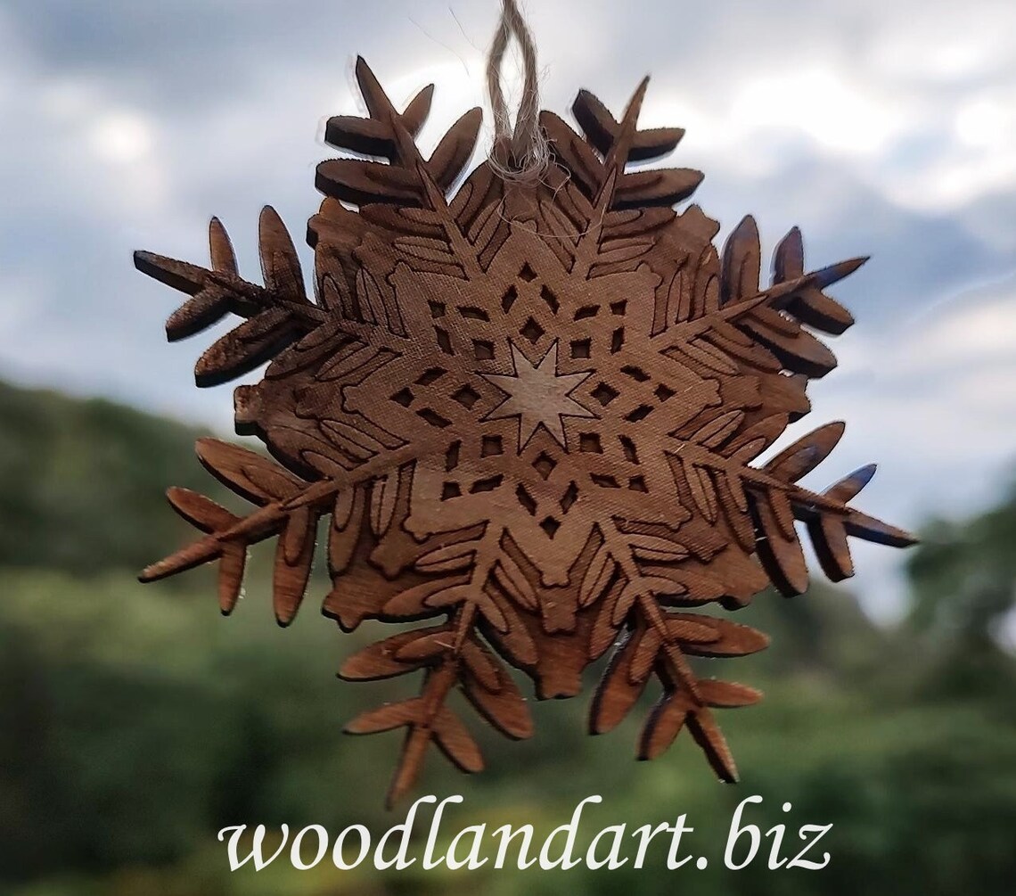 Set of 6 Pointed Snowflake Layered Laser Engraved Solid Wood Ornaments ...