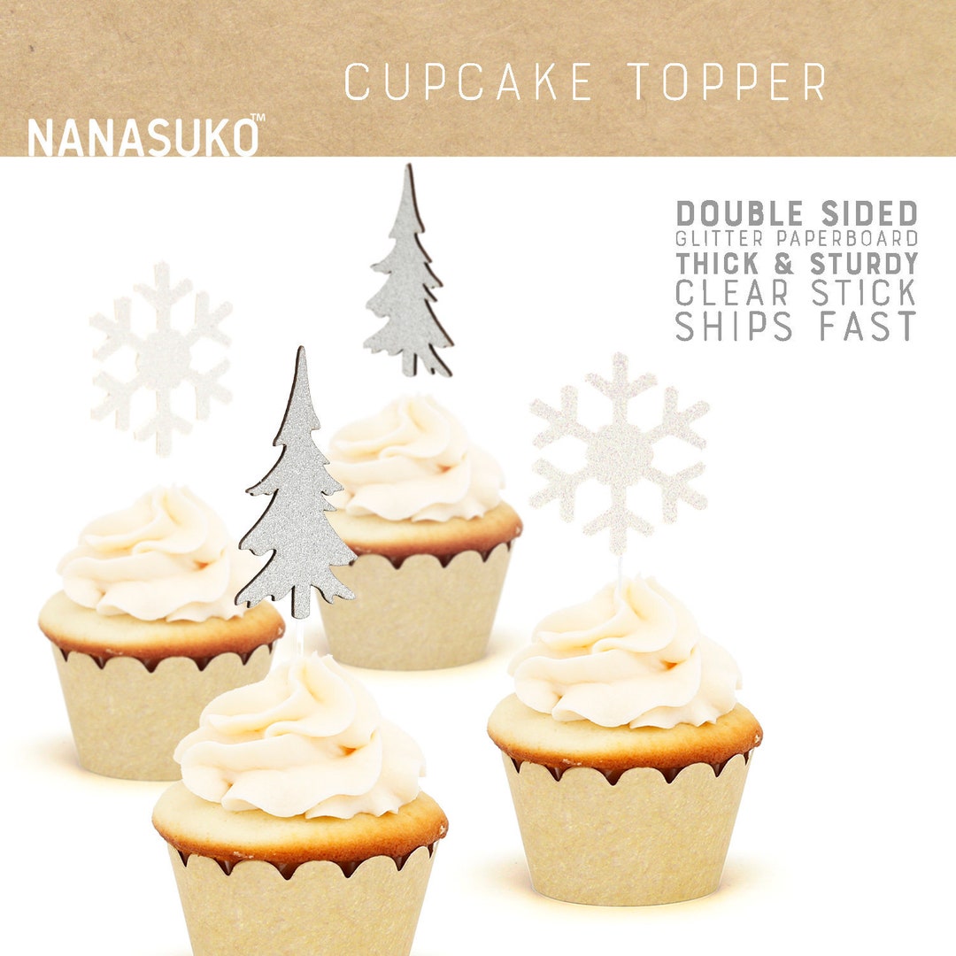 Snowflake and Pine Tree Cupcake Toppers, Winter Wonderland Party Decor ...