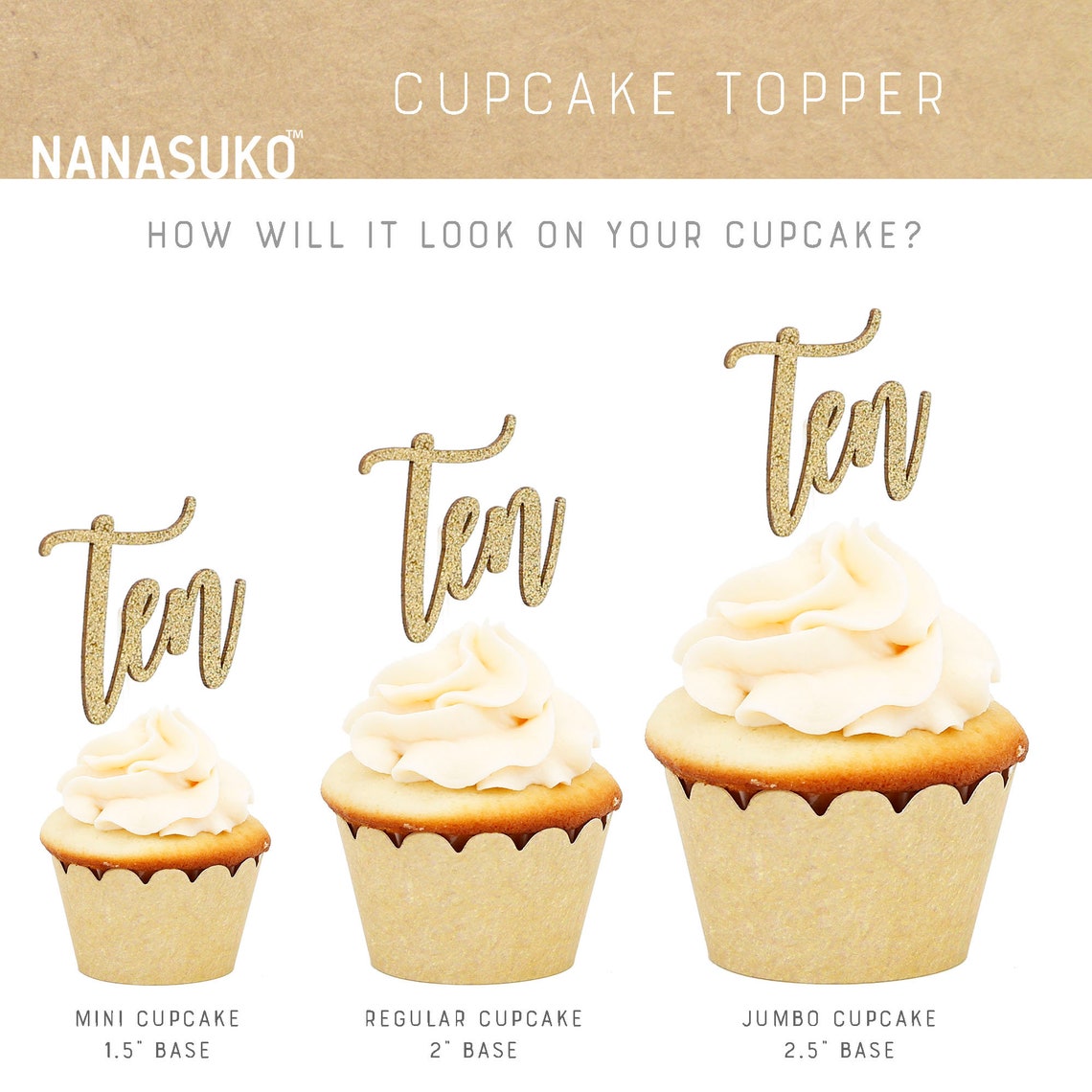Ten Cupcake Toppers, 10th Birthday Cupcake Toppers, Double Sided, Gold ...