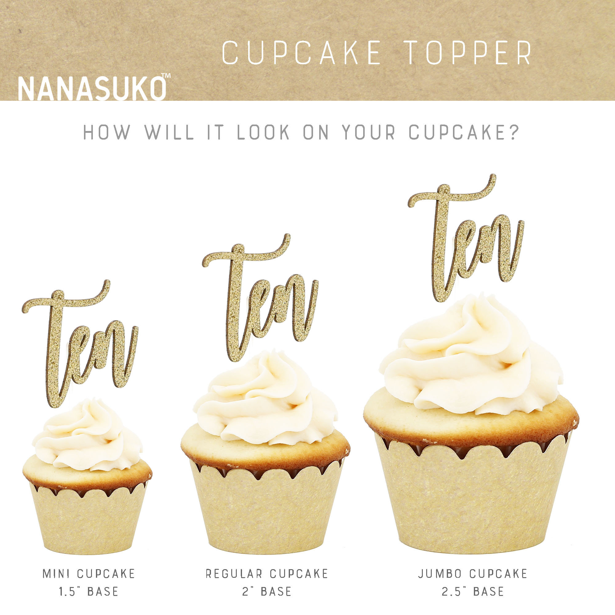 Ten Cupcake Toppers, 10th Birthday Cupcake Toppers, Double Sided, Gold ...