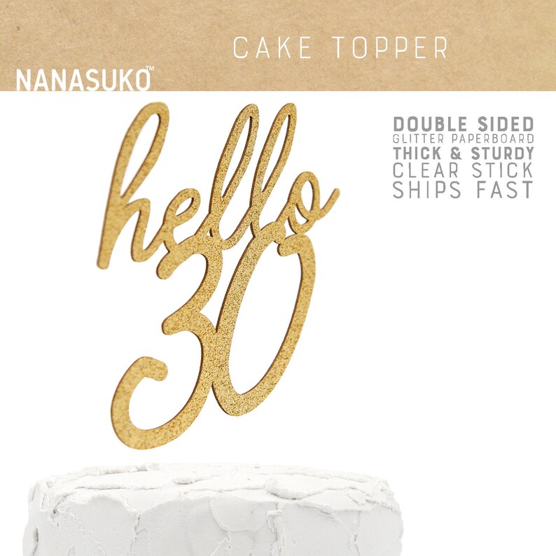 Birthday Cake Topper, ANY Age, Hello 30, DOUBLE SIDED Glitter, Cursive ...