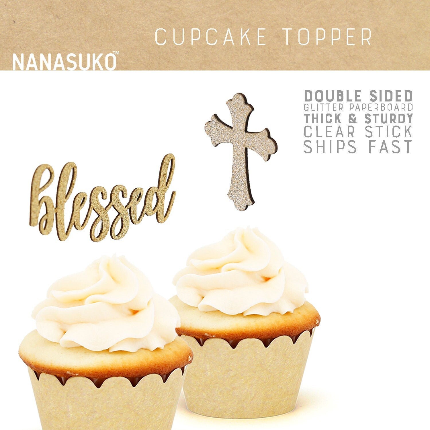 Scrapbooking 6 Glitter Cross Cupcake Toppers Christening Cupcake Topper ...